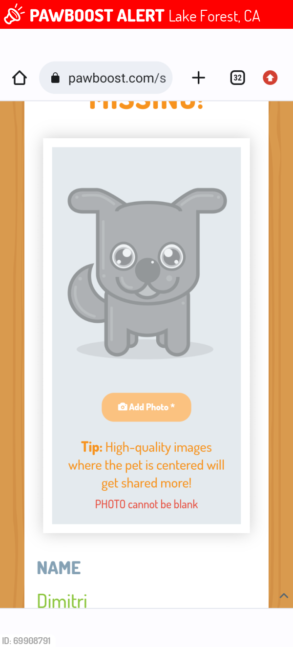 Lake Forest, CA Lost Male Dog, Dimitri Is Missing | PawBoost
